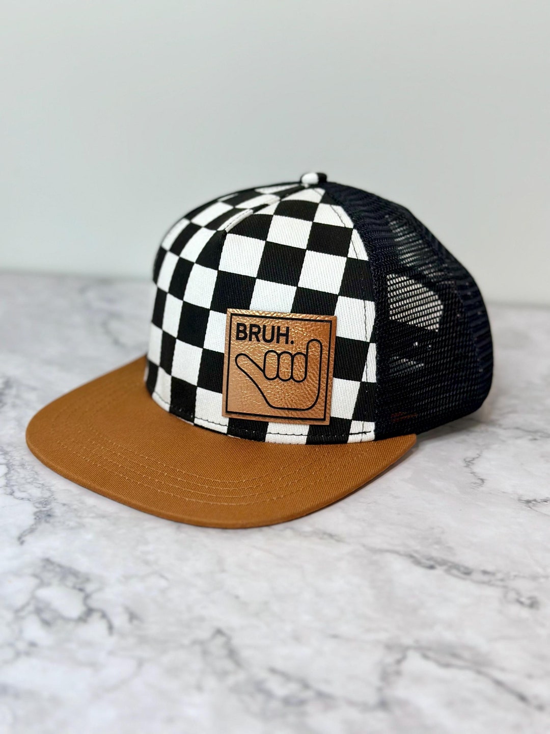 Personalized Checker Hat With Copper Leatherette | Snapback Flat Brim ...