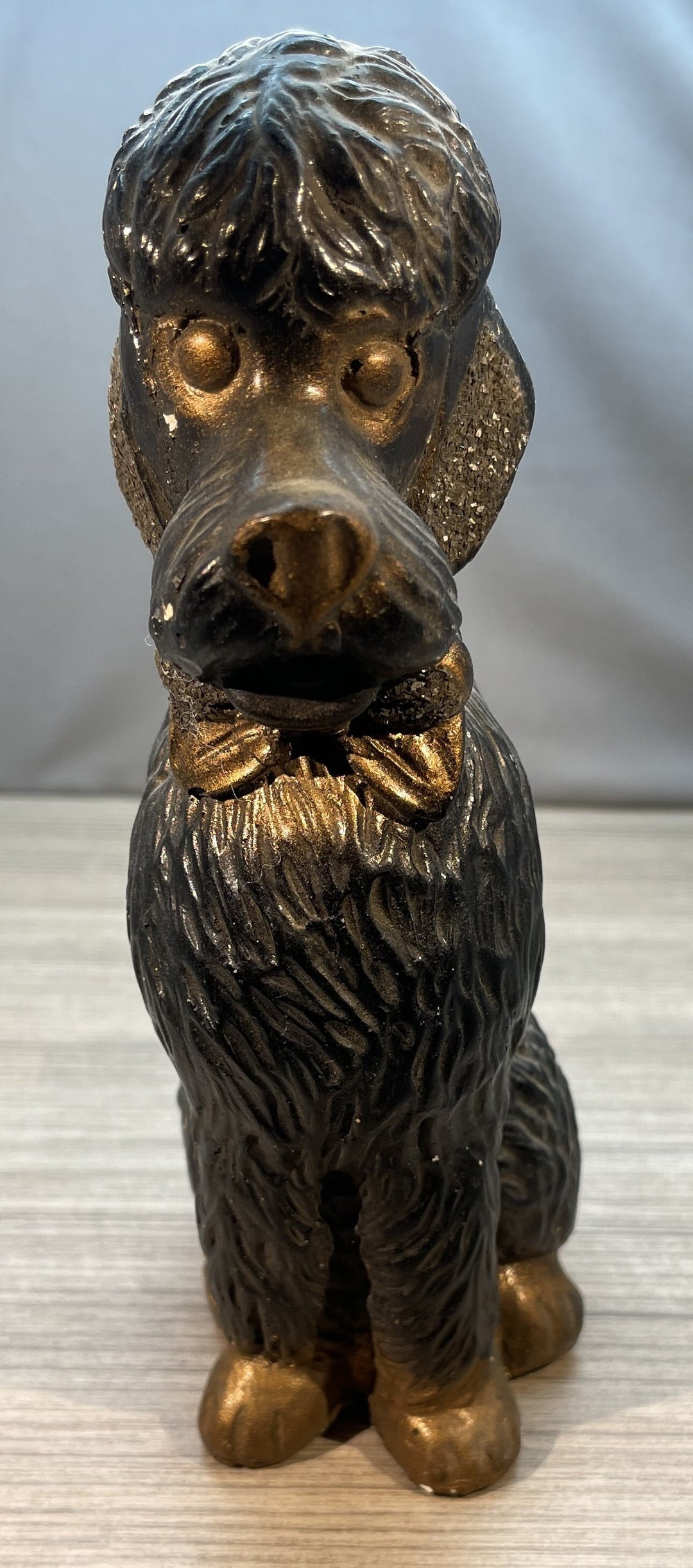 Vintage Carnival Chalkware Prize Black POODLE Dog With Gold Tie, Eyes ...
