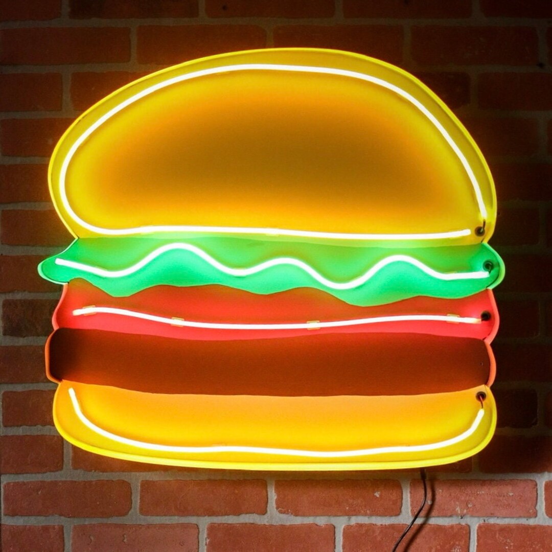 LARGE Hamburger Faux Neon Sign Steel Cheeseburger Joint Drive in Retro ...