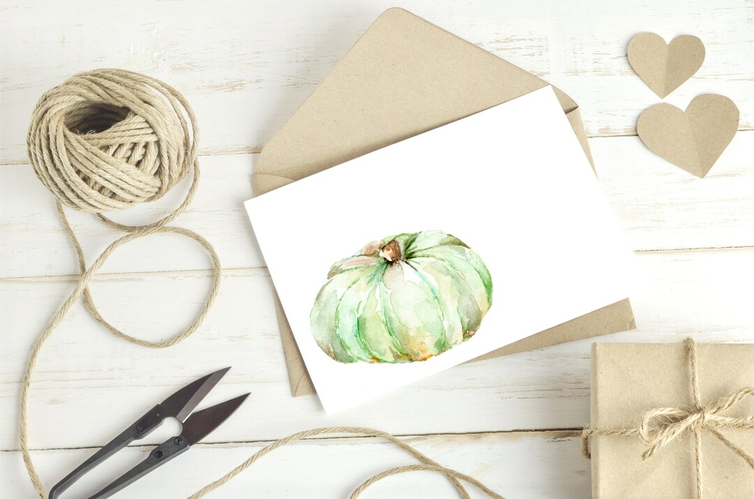 Green Pumpkin Art, Pumpkin Note Card, Set of 5 or 10 Autumn Cards, Fall ...