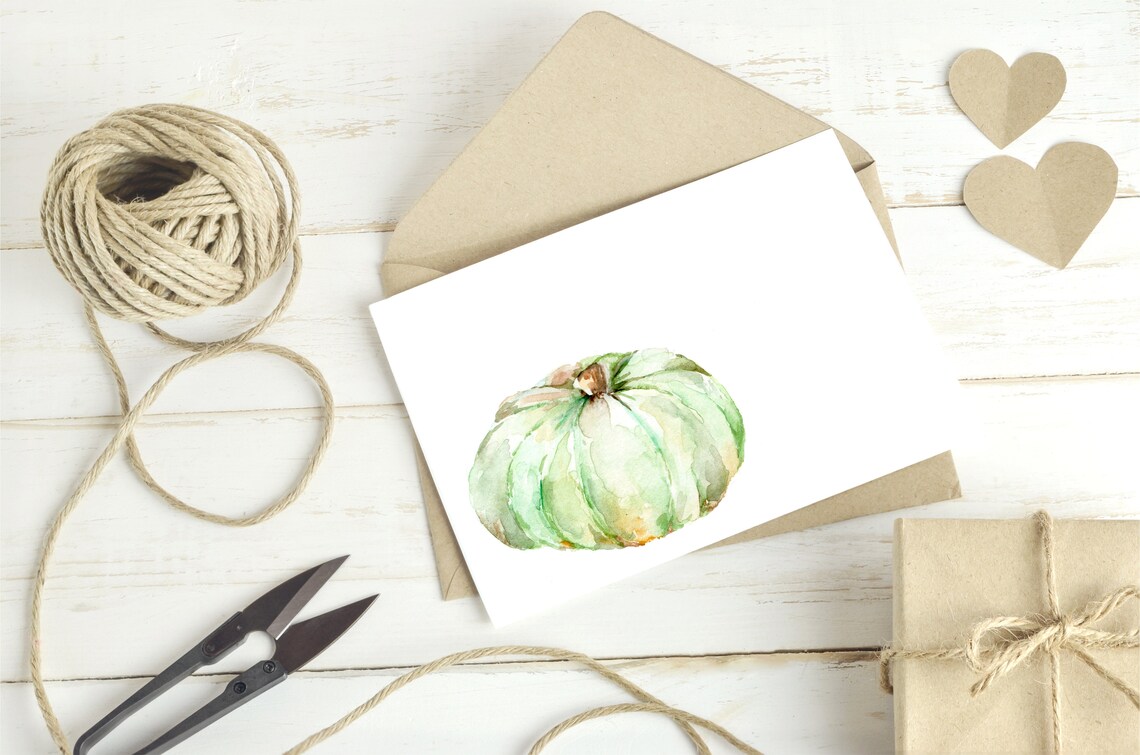 Green Pumpkin Art, Pumpkin Note Card, Set of 5 or 10 Autumn Cards, Fall ...