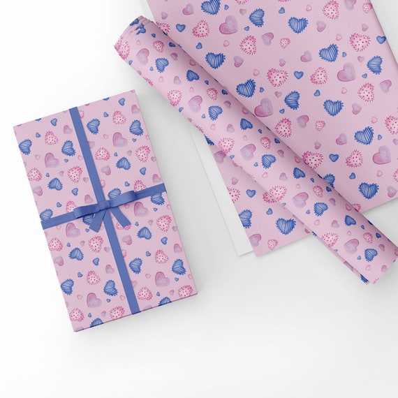 Unique High Quality Blue Pink Hearts Gift Wrapping Paper. Valentines Day Birthdays Size A3 GP354
