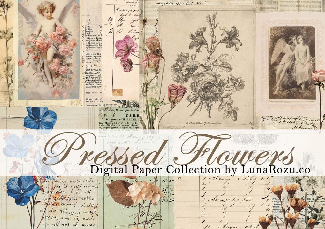 Pressed Flowers - Vintage Scrapbook Floral Sepia Junk Journal Papers ...