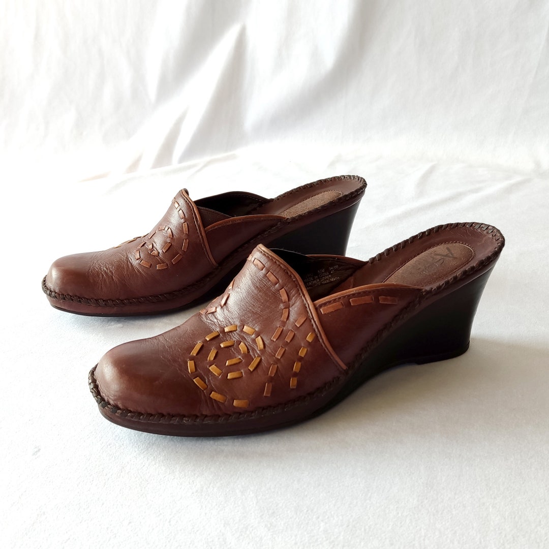 Boho Chic Brown Leather Platform Mules Women's Size 8.5 - Etsy