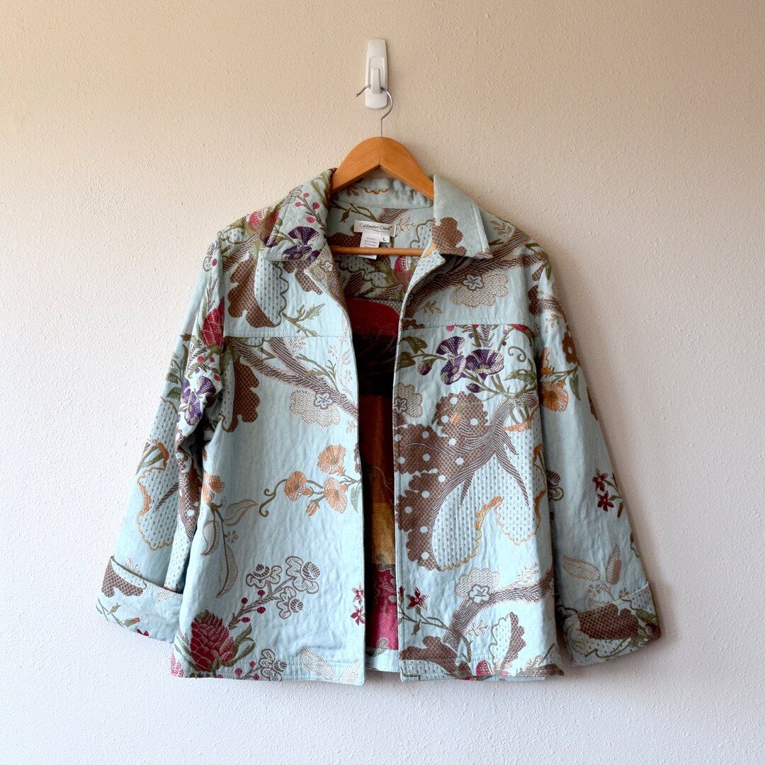 Vintage Blue Floral Jacket With Colorful Embroidery Size Large Unique ...