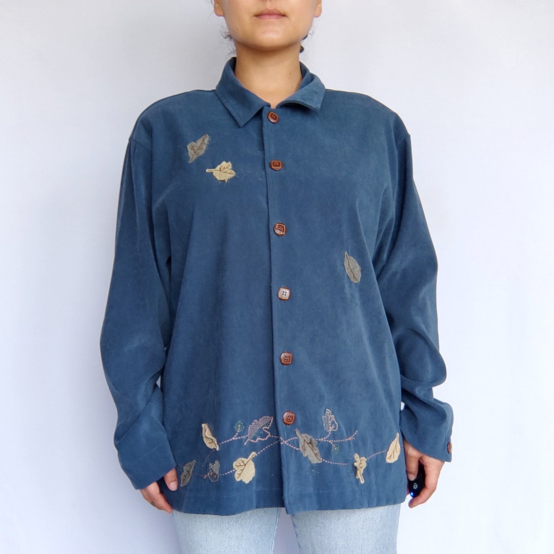 Vintage Blue Shacket With Embroidered Autumn Leaves Fall Jacket - Etsy