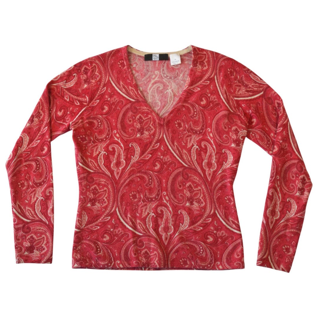 Saks Fifth Avenue Red Paisley 100% Cashmere V-neck Sweater Medium - Etsy