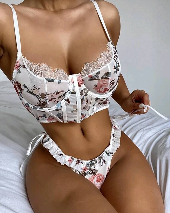 Floral Embroidered Mesh Lingerie Set Etsy