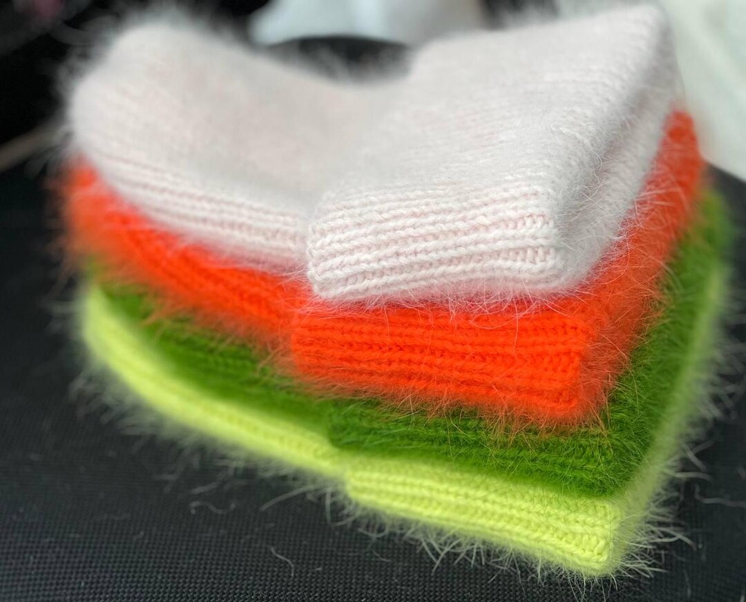 Hand Knit Angora Hat, Fluffy Hat, Bright Hat, Knitted Angora Hat ...