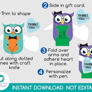 Thanks Owl Gift Card Holder Hugger | Teacher Appreciation Printable ...