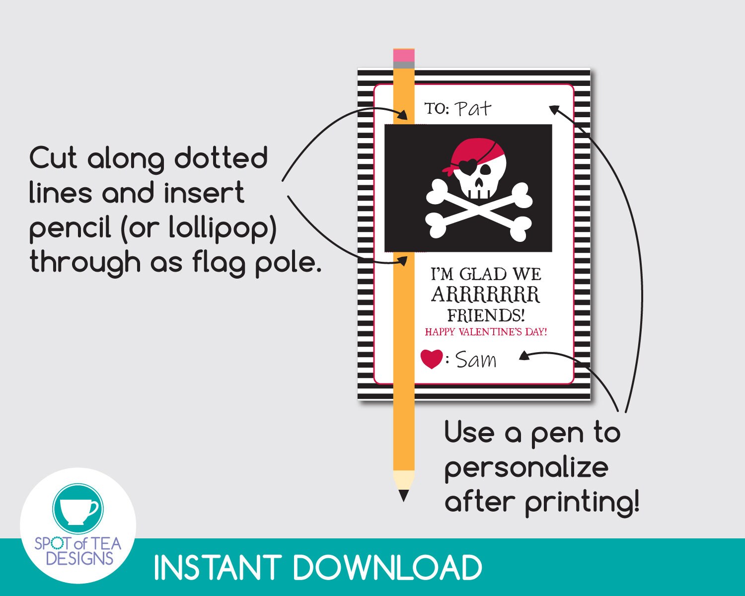 Pirate Valentines Pencil Holder Cards Valentines Printables | Etsy