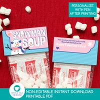 Snowman Soup Editable Gift Tag, Printable Winter Break Party Favor Tag ...