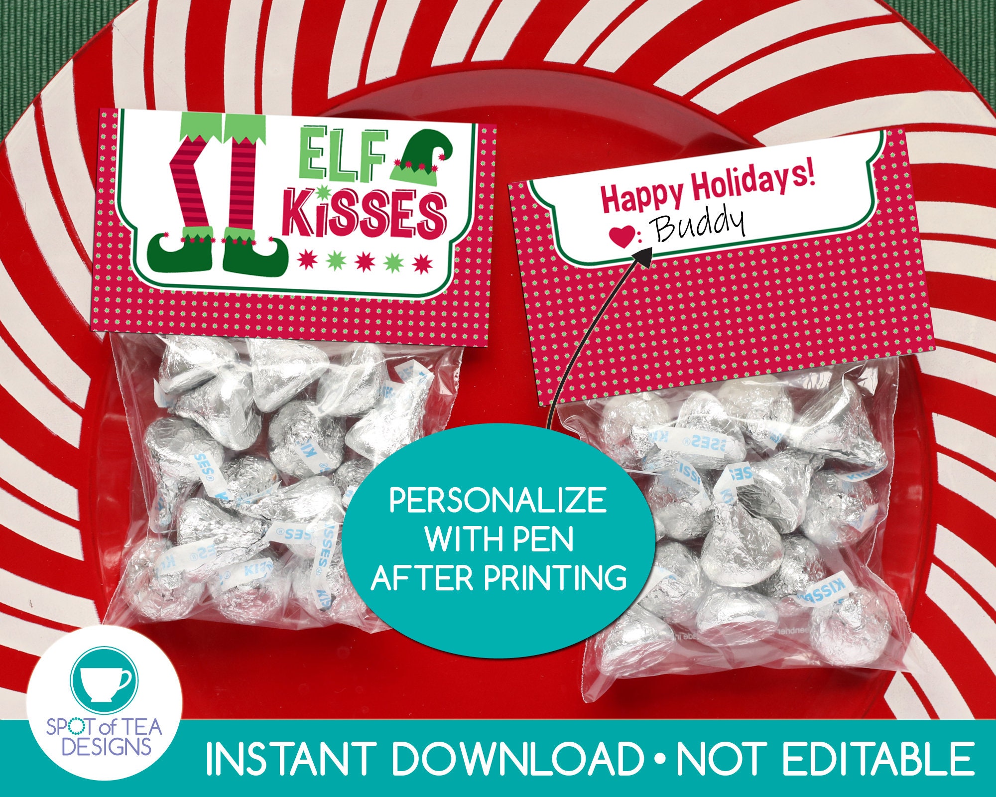 Elf Kisses Christmas Bag Toppers Christmas Treat Bags | Etsy