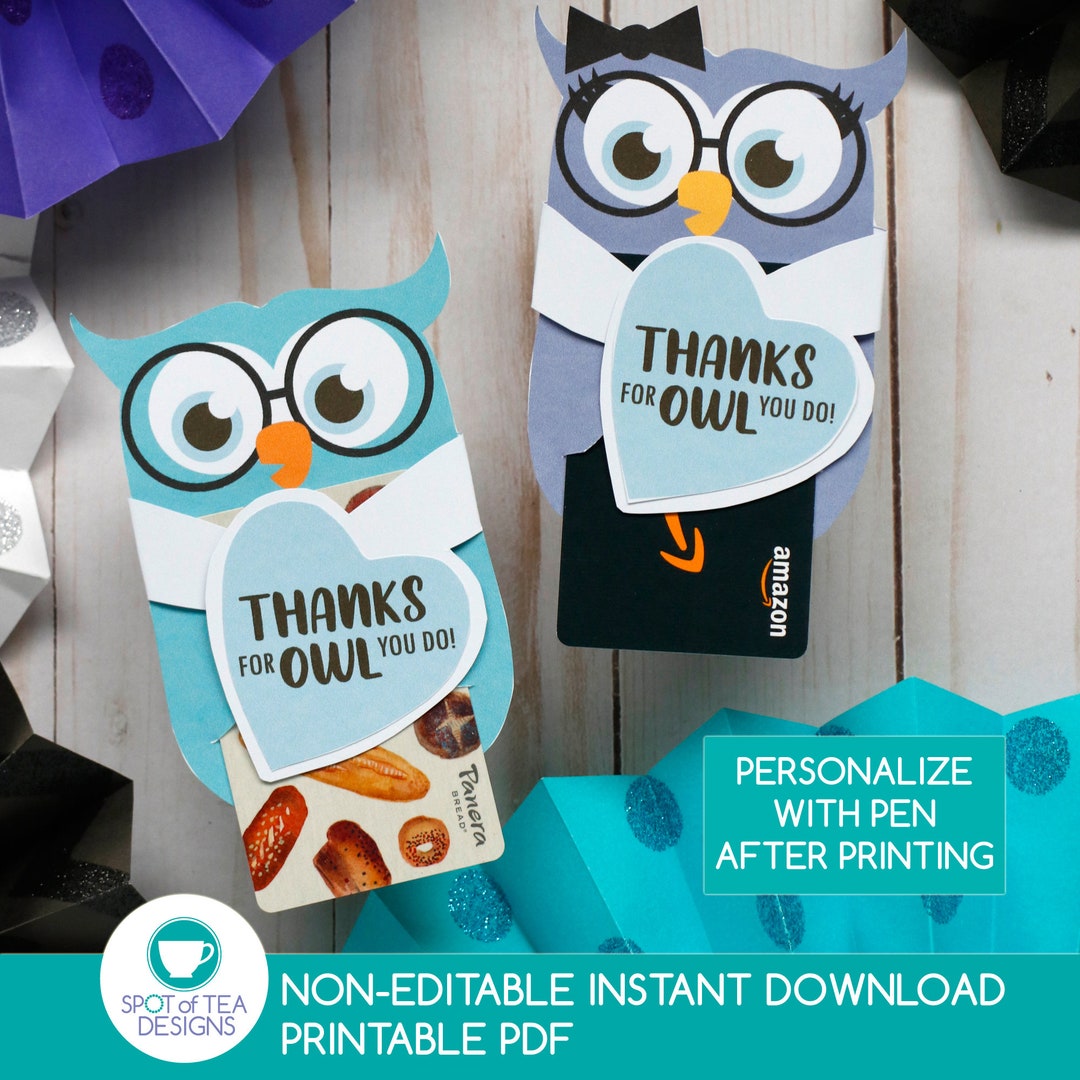 Thanks Owl Gift Card Holder Hugger | Teacher Appreciation Printable ...