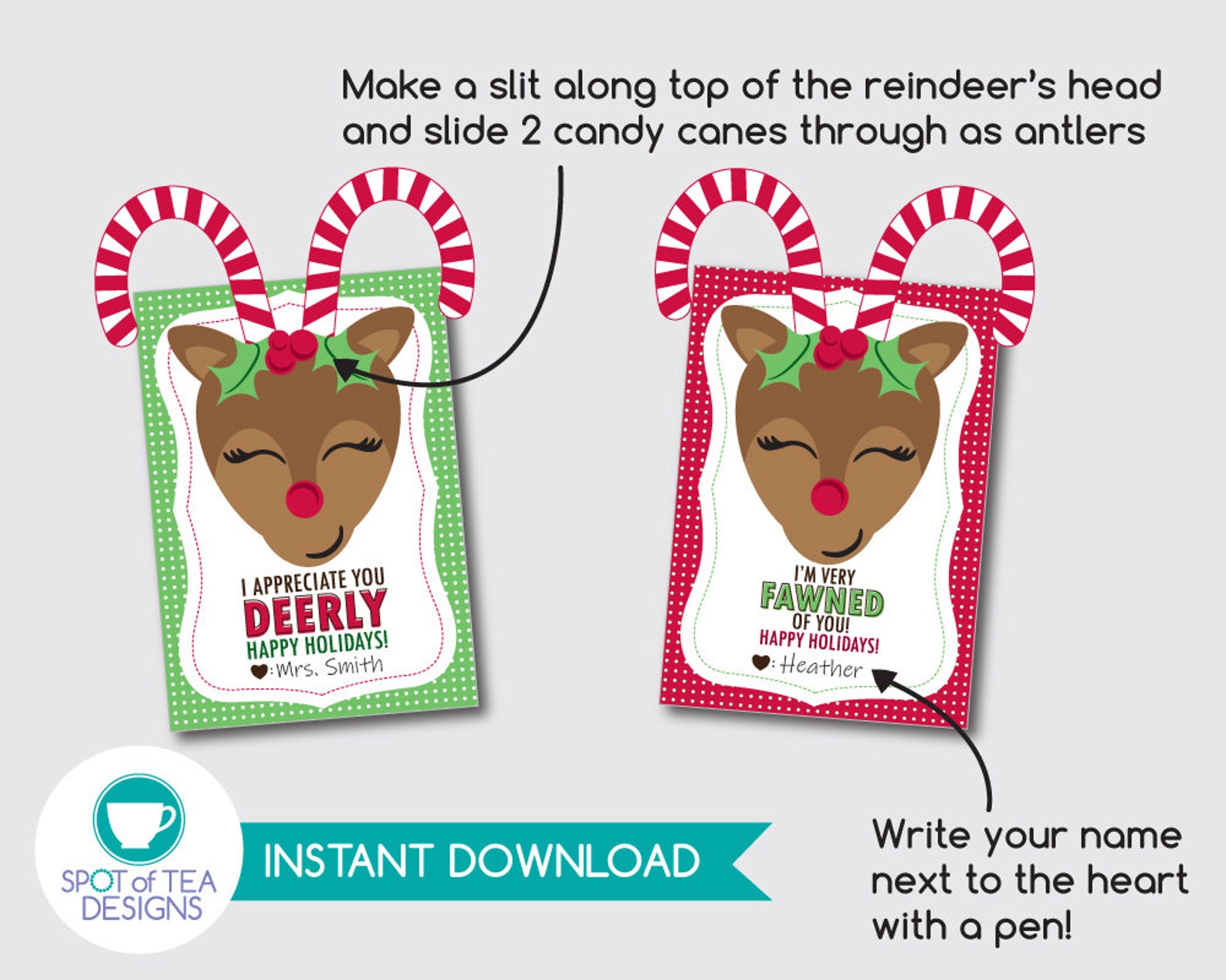 Reindeer Candy Cane Favor Tags Candy Cane Holder Christmas | Etsy