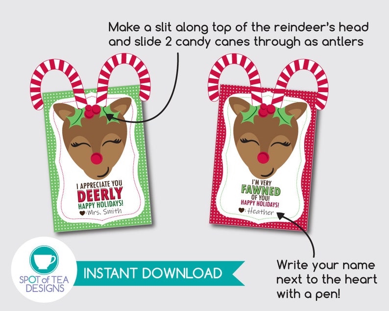 Reindeer Candy Cane Favor Tags: Christmas Printables (PDF Instant ...