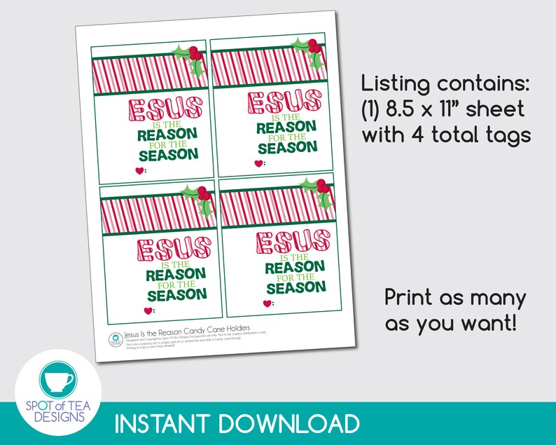 Jesus is the Reason Candy Cane Holder Tags (PDF Instant Digital ...