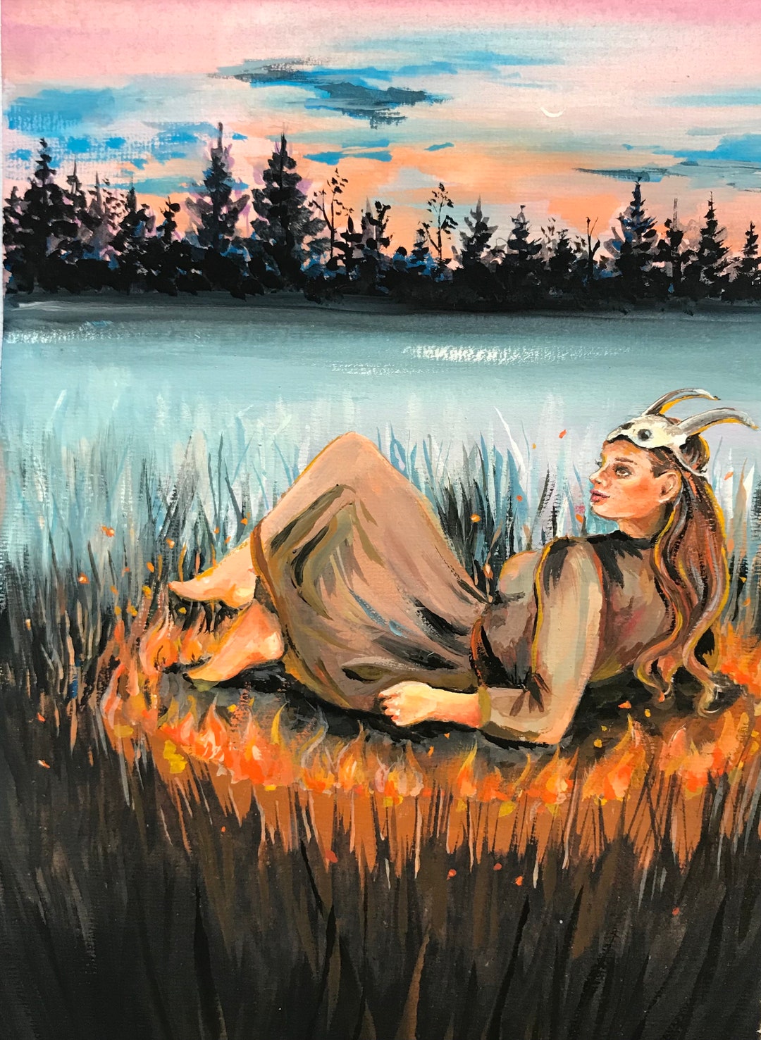 Midnight Forest , Original Folk Art Folktale Gouache Painting Print of ...