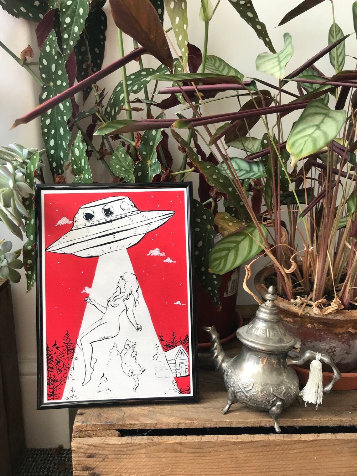 Space Cats Alien Art Print Featuring Woman and a Cat Beamed | Etsy