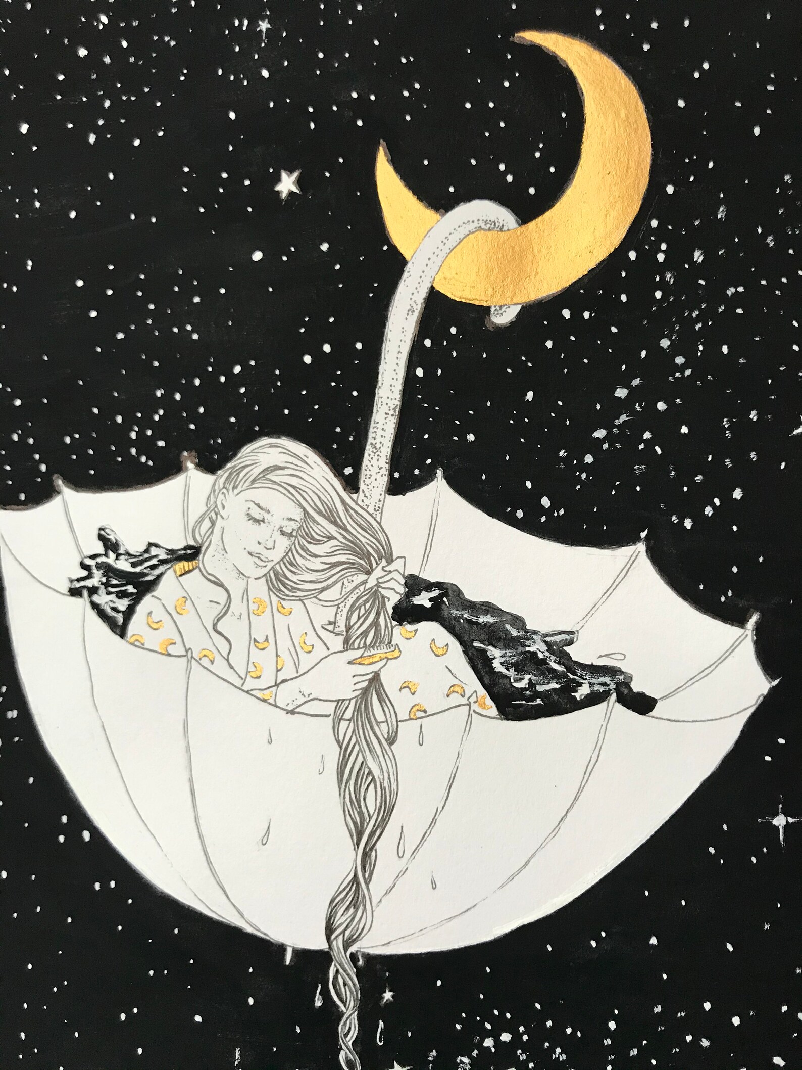 Moon Bathing Original Black and White Painting Art Ink - Etsy UK