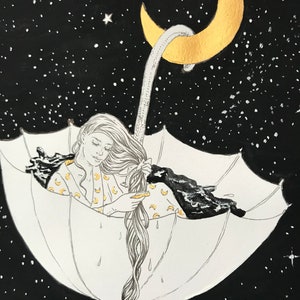 Moon Bathing , Original Black and White Painting Art Ink Illustration ...