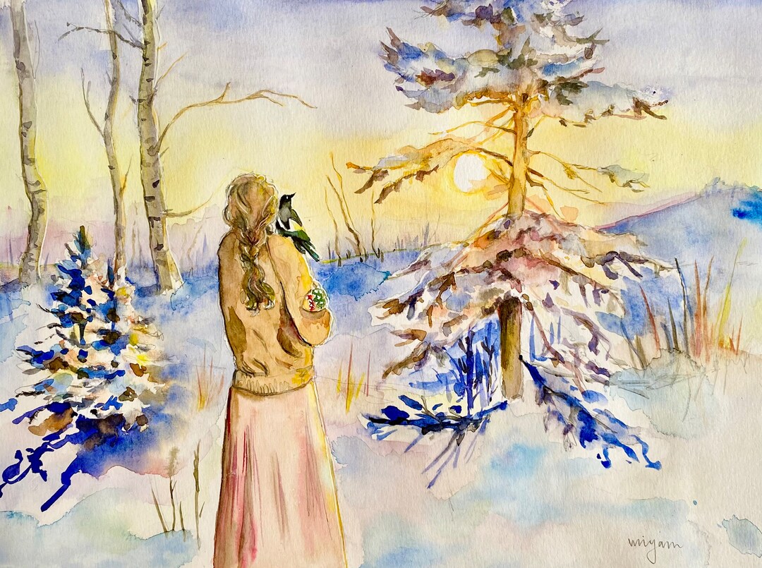 Girl and the Magpie , Original Winter Sunset Landscape Christmas Card ...