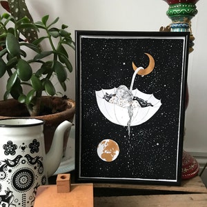 Moon Bathing , Original Black and White Painting Art Ink Illustration ...