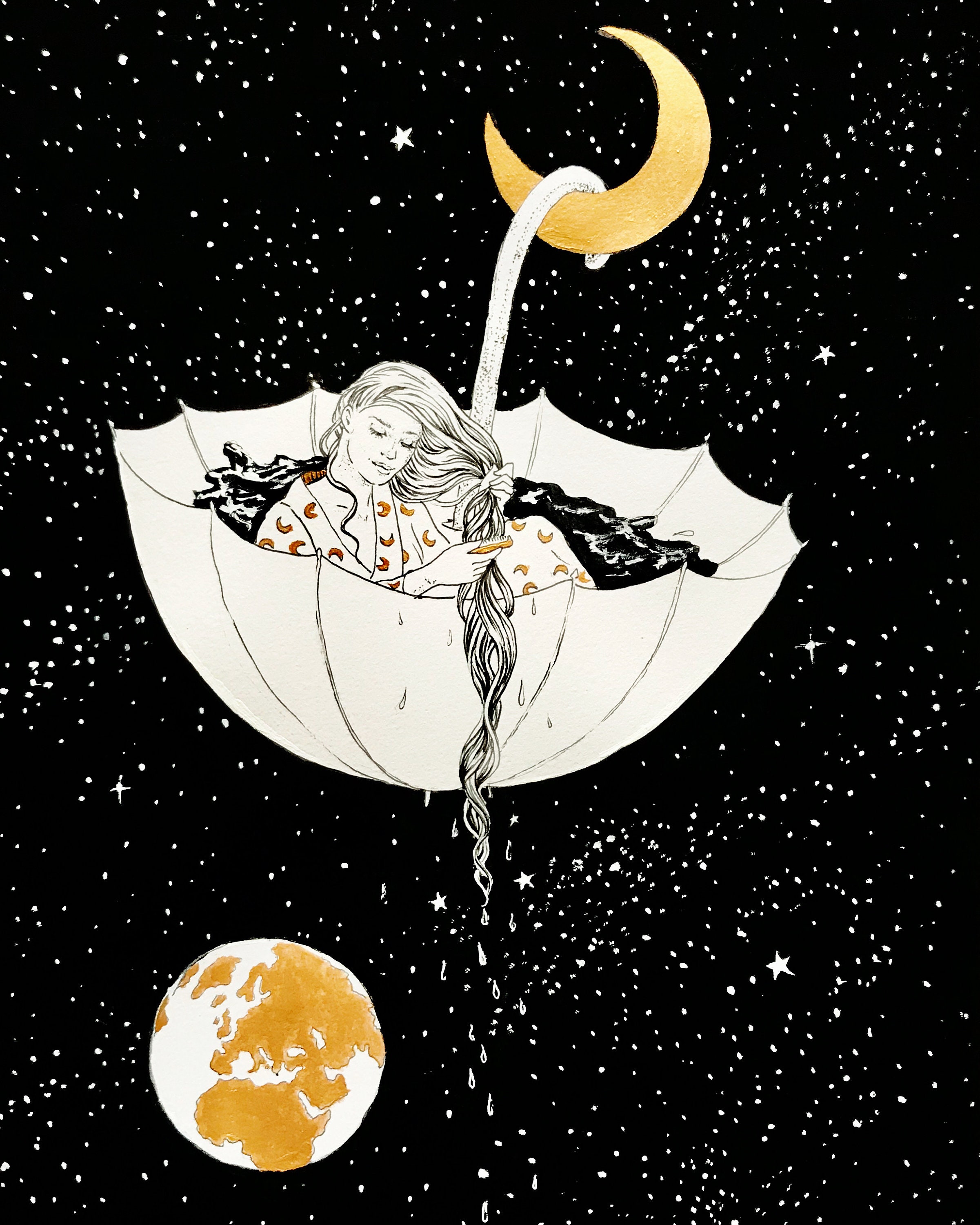 Moon Bathing Original Black and White Painting Art Ink - Etsy UK