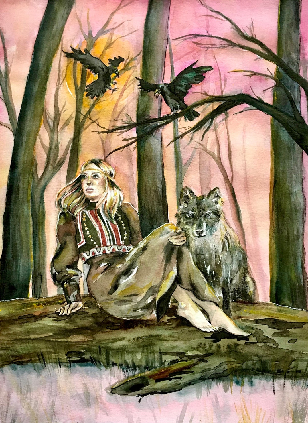 Spirit Animals , Original Folk Art Watercolor Painting Ink Drawing ...