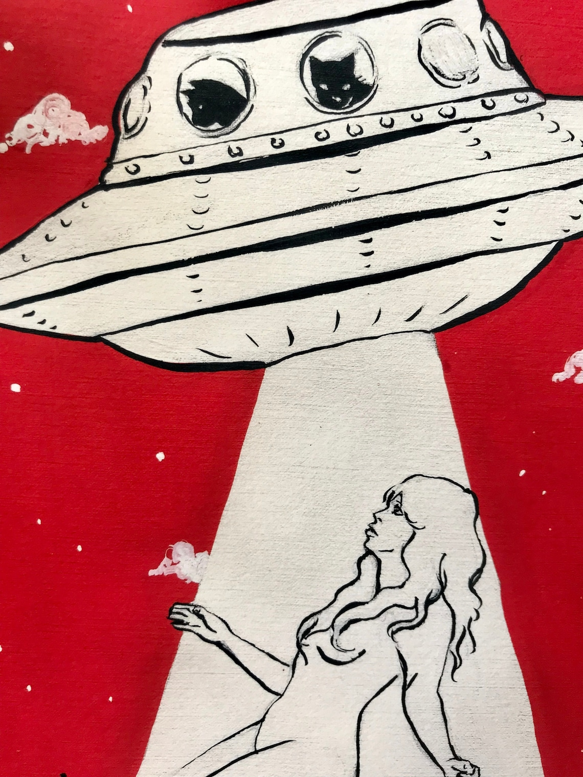 Space Cats Alien Art Print Featuring Woman and a Cat Beamed | Etsy