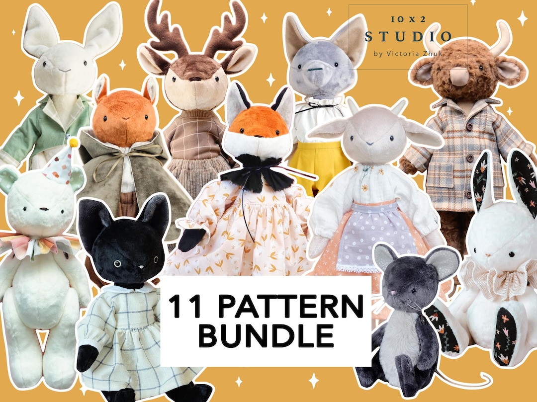 11 Pattern Bundle Pdfs: Ribbon and Button Joint Animals. Bunny, Hare, Cat, Wolf, Goat, Sheep ...