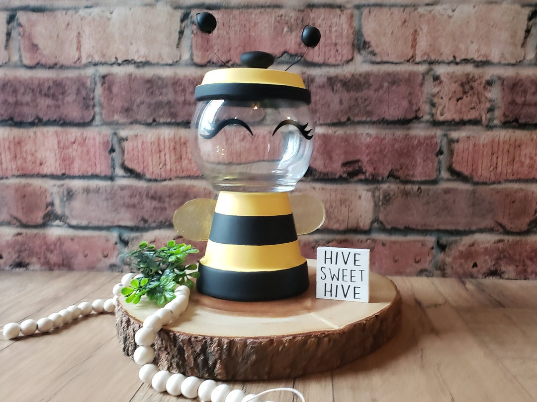 Bee Honeybee Bumblebee Candy Dish Terra Cotta Pot Glass Gumball Machine ...