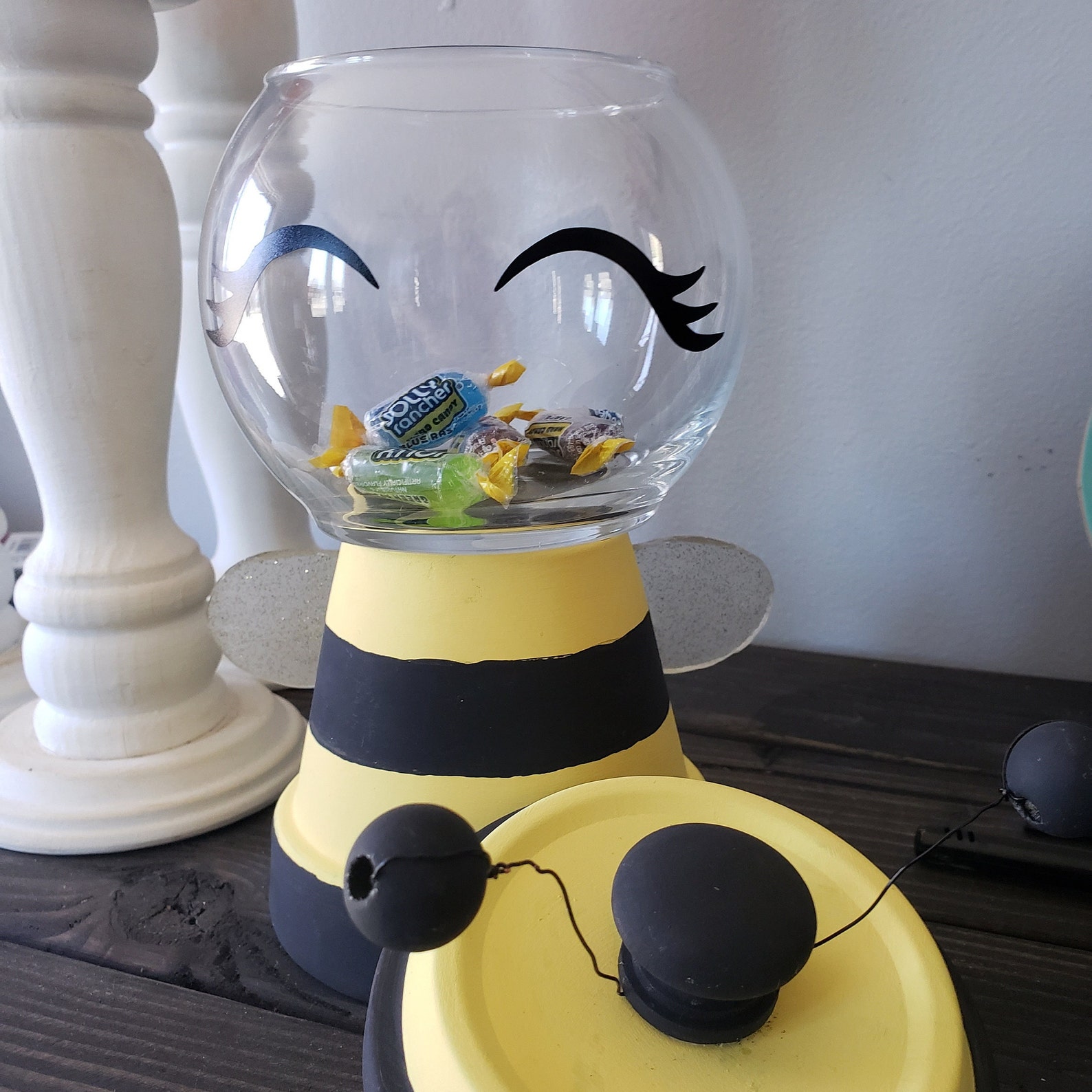 Bee Honeybee Bumblebee Candy Dish Terra Cotta Pot Glass Gumball Machine ...