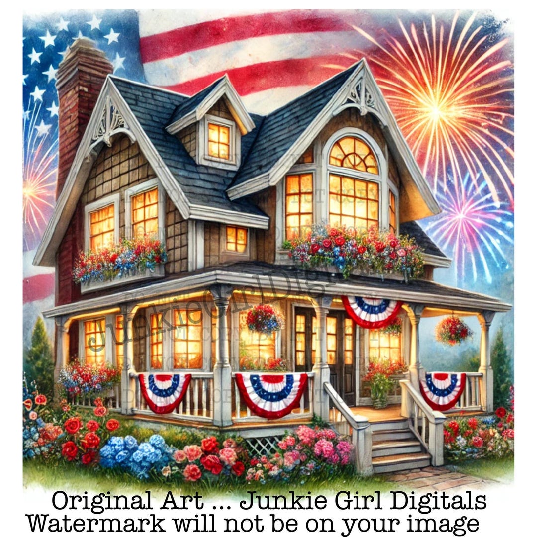 5 JPG Patriotic Cottage House Clipart: July 4th JPG Bundle (digital ...