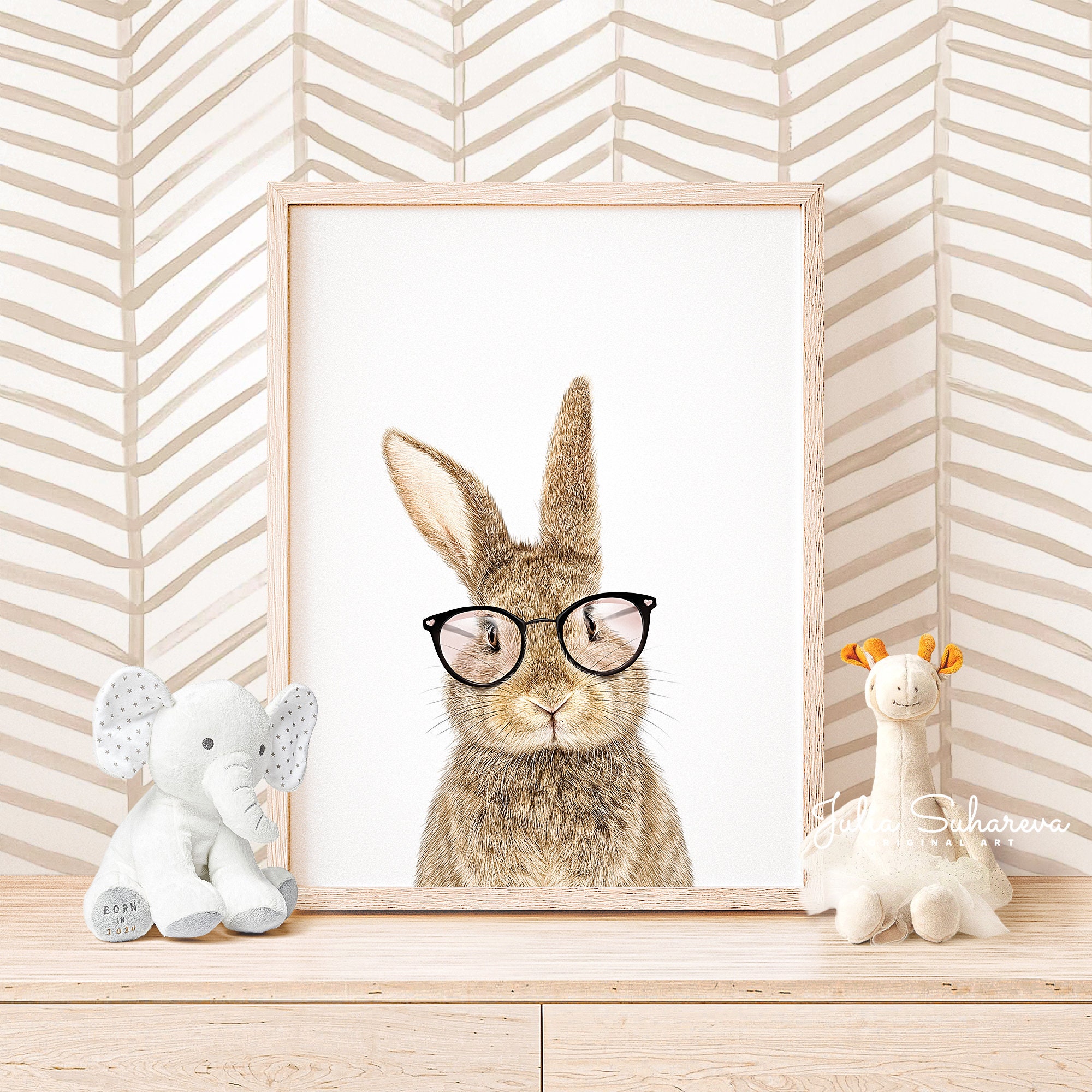 Baby Rabbit with Glasses Print for Nursery Decor Neutral | Etsy