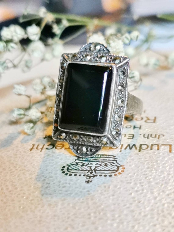 Art deco 925 Silber Onyx Markasiten Ring Ring true vintage sterling silver ring viktorain gr. 15 mm Edelstein schwarz Geschenk Etsy