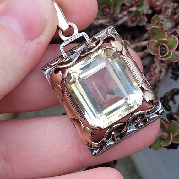 Art Nouveau CITRIN 925 silver & 585 gold chain pendan… - Gem