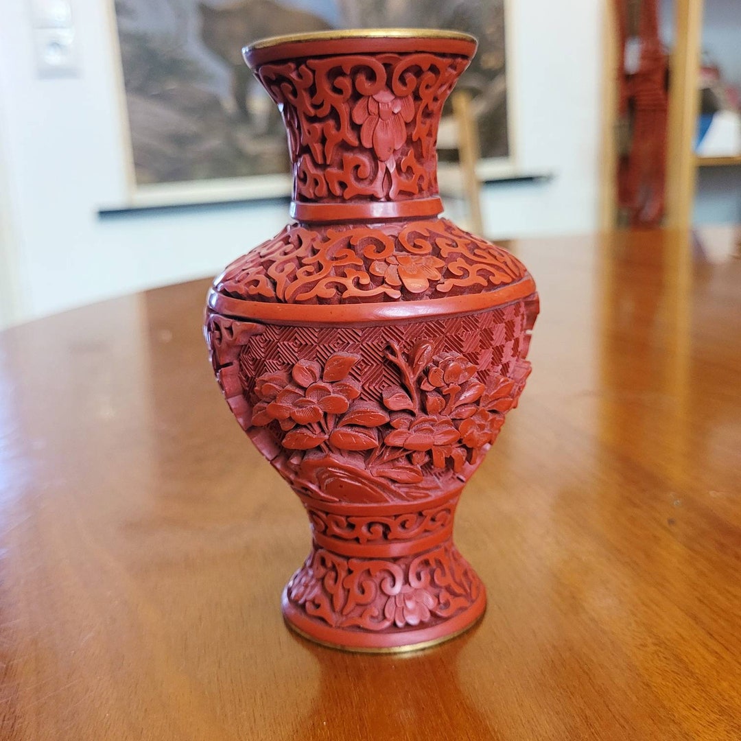 Antique Chinese Lacquer Vase Art Nouveau Carved With Enamel in Blue ...