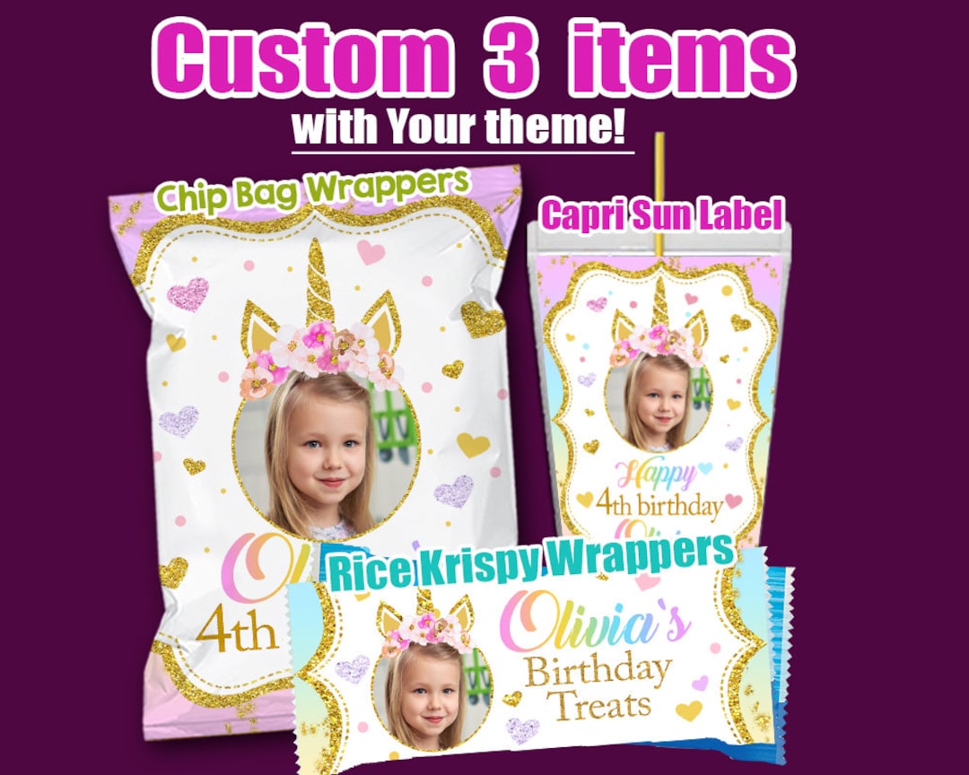 Custom BUNDLE Set 3 Items-your Theme and Photo-chip Bag Wrapper,capri ...