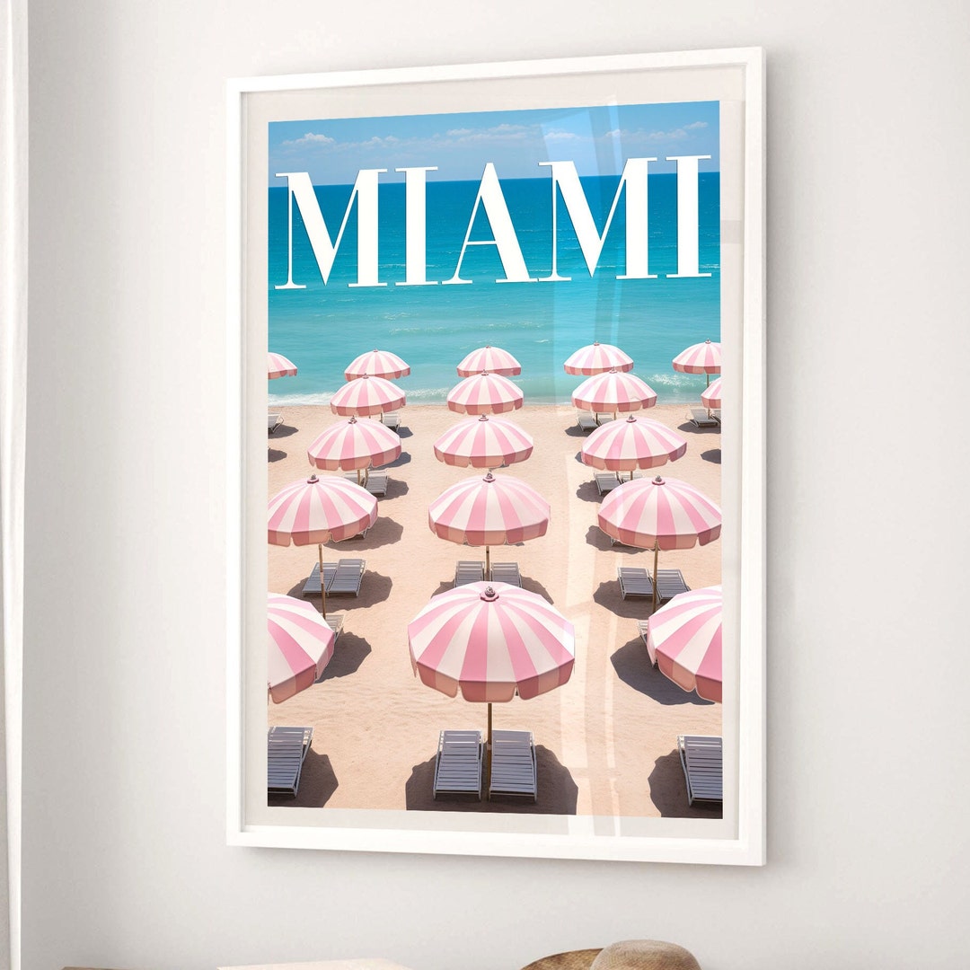 Miami Beach Poster, Pink and White Umbrellas, Coastal Print, Home Decor ...