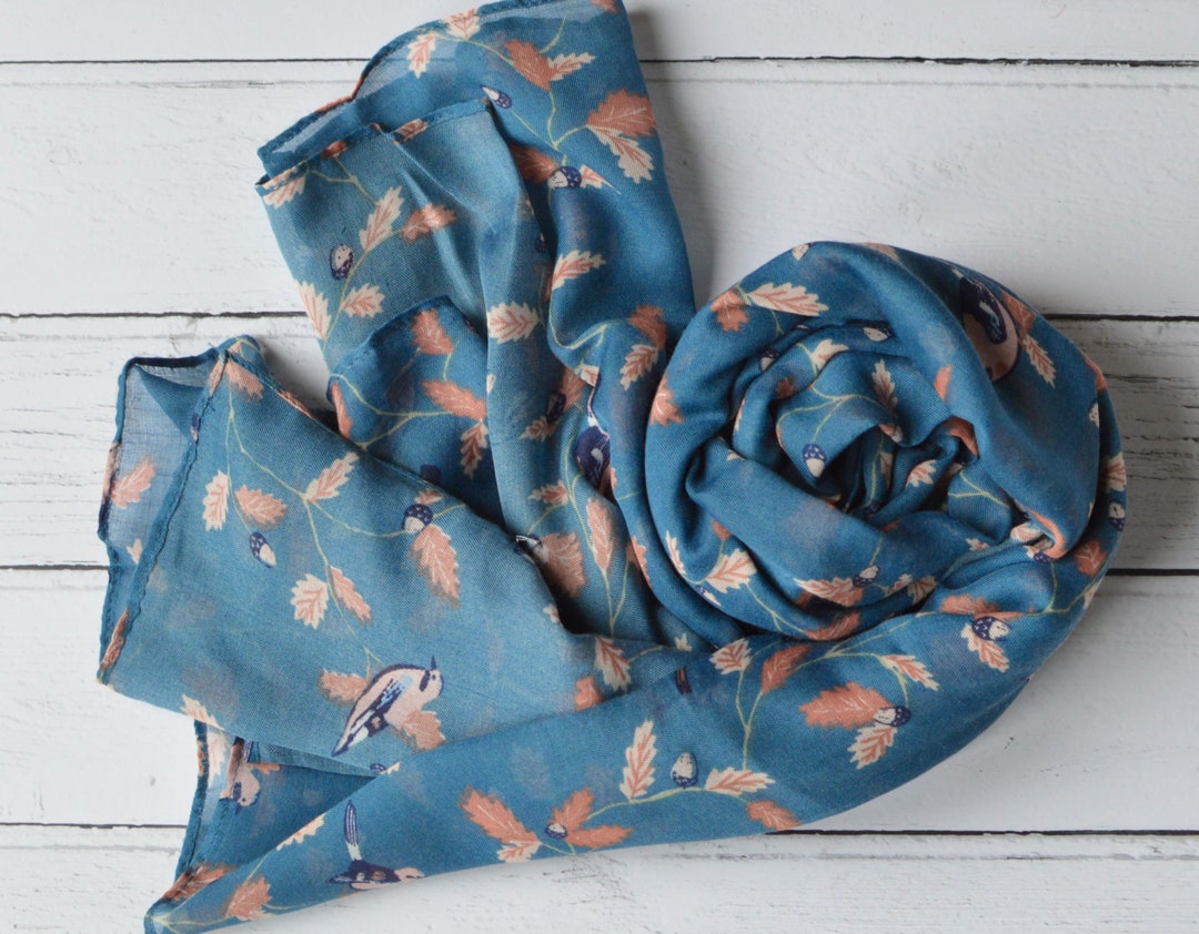 Teal Blue Scarf Jay Bird Print Soft Semi-sheer Wrap With Rolled Edges ...