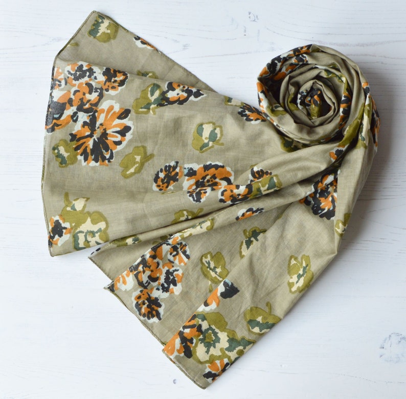 Organic Cotton Scarf Women's Khaki Green Floral Wrap | Etsy
