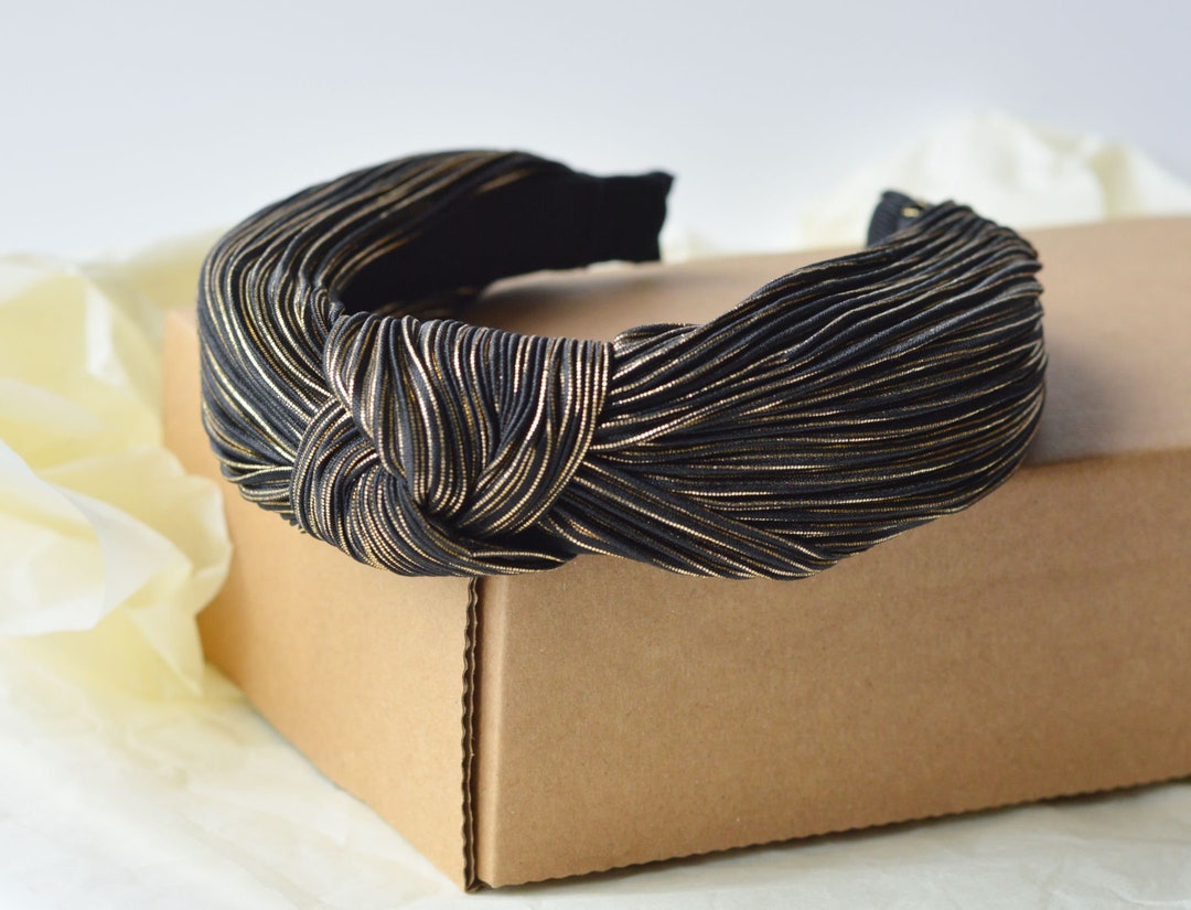 Black & Gold Alice Band Rigid Twisted Knot Headband in Pleated Silky ...