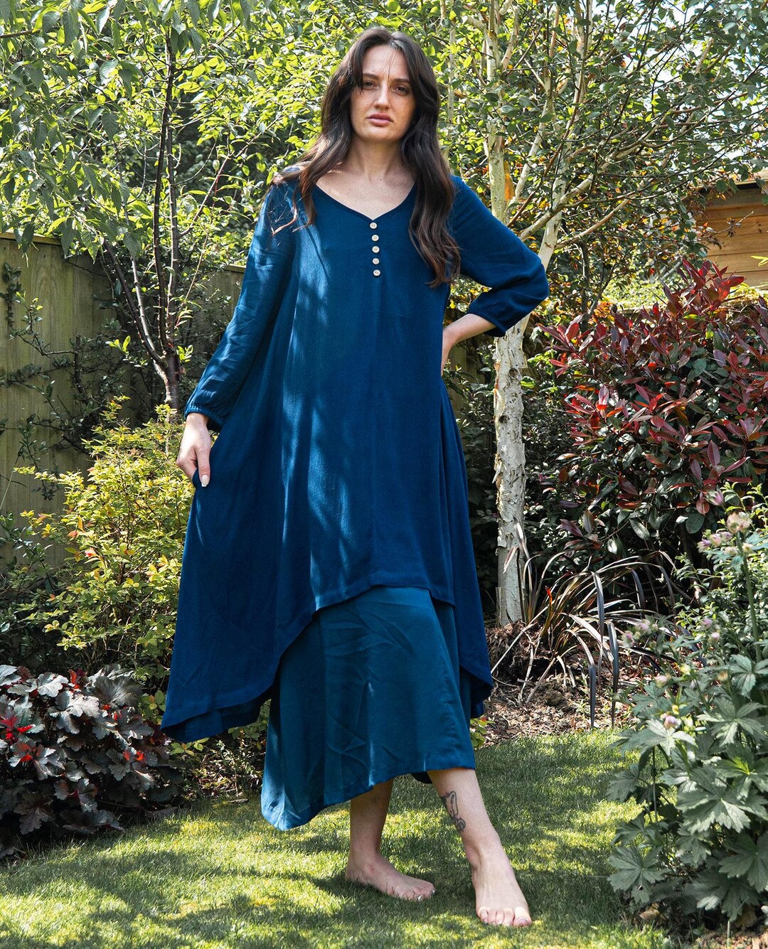 Layered Dress Chelsea Teal Blue Floaty Loose Fitting Dress With Button ...