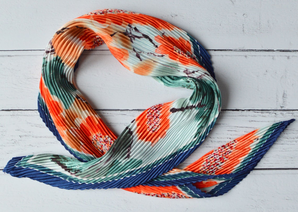 Square Scarf Orange & Teal Japanese Floral Print Pleated - Etsy