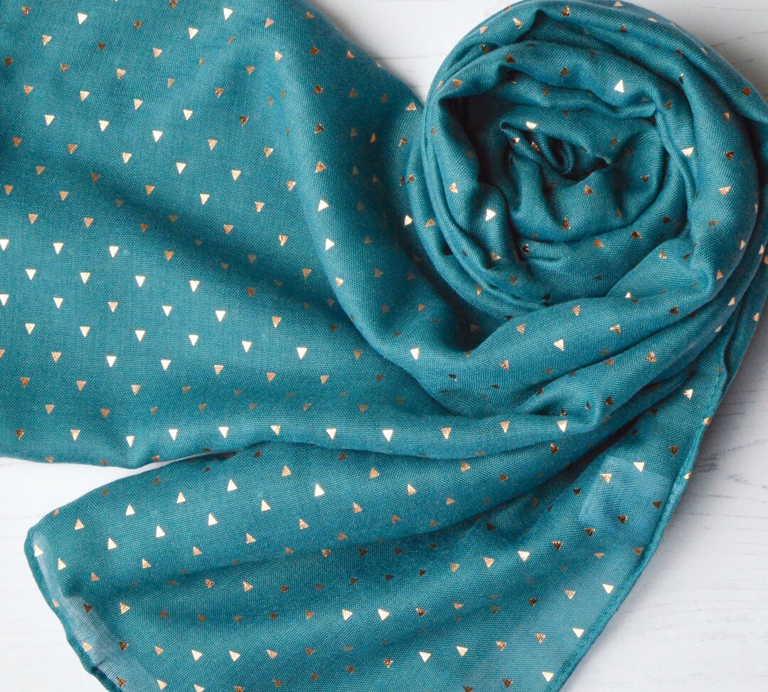 Teal Blue Green Scarf With Metallic Rose Gold Triangles Print Light ...