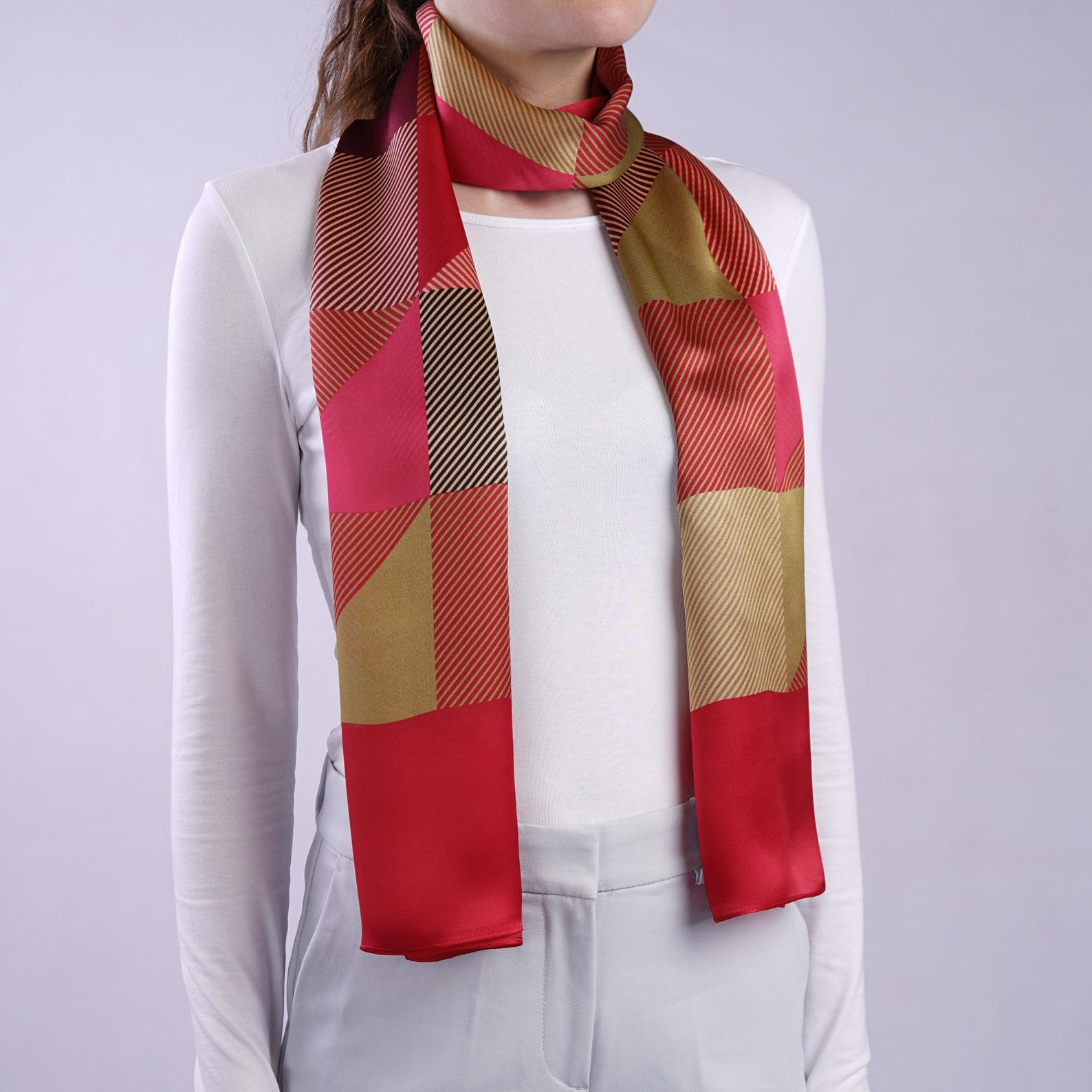 Silk Charmeuse Scarf Raspberry Red & Gold Block Pinstripe | Etsy UK