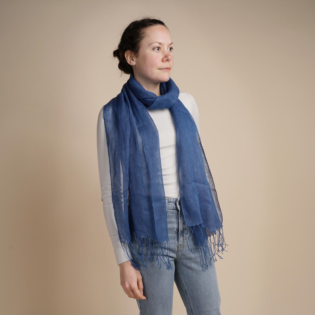 Linen Scarf Cobalt Blue Unisex Scarf With Tassels - Etsy