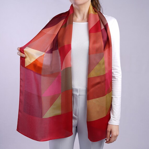 Silk Charmeuse Scarf Raspberry Red & Gold Block Pinstripe | Etsy UK