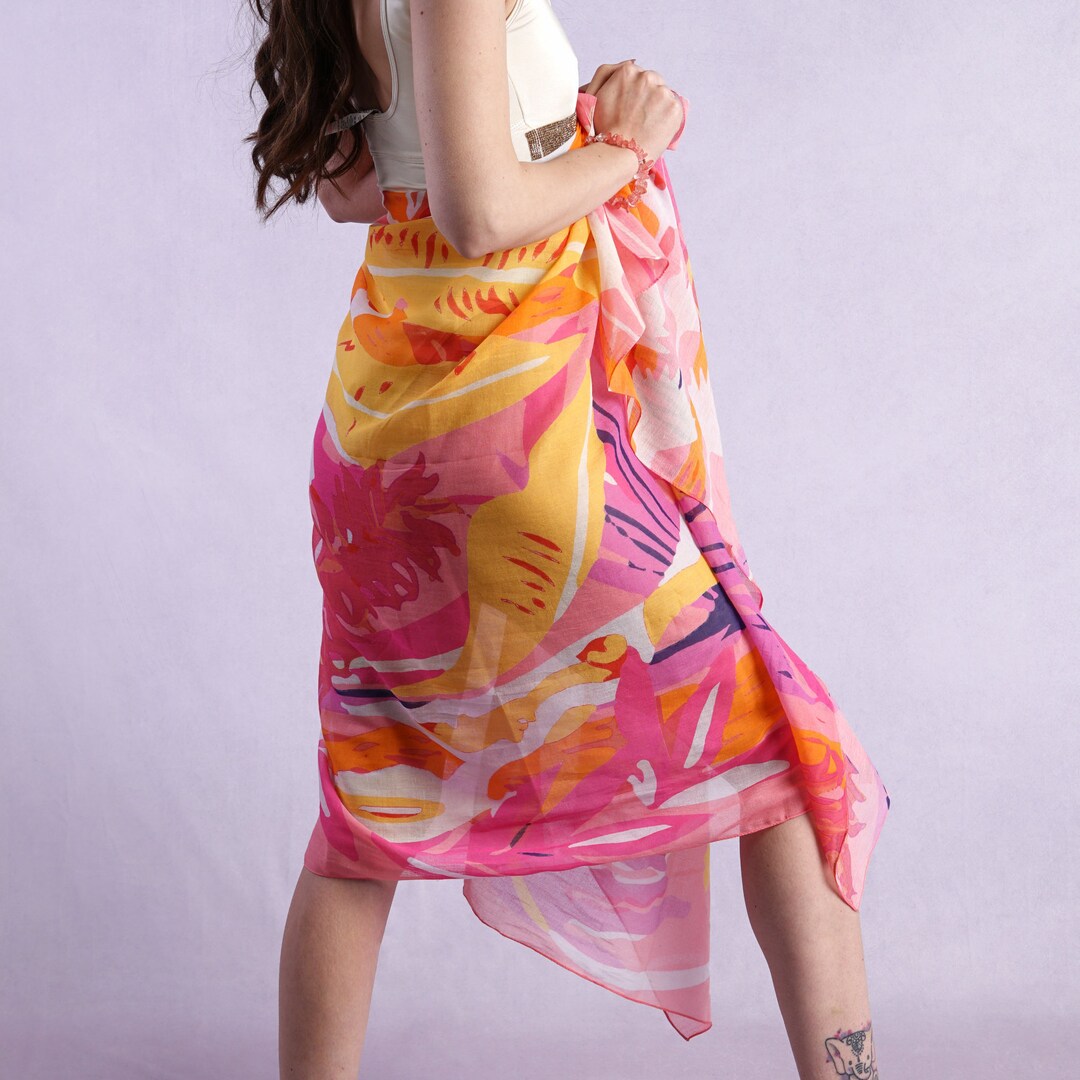 Haiti Scarf Tropical Print Wrap in Pink and Orange - Etsy